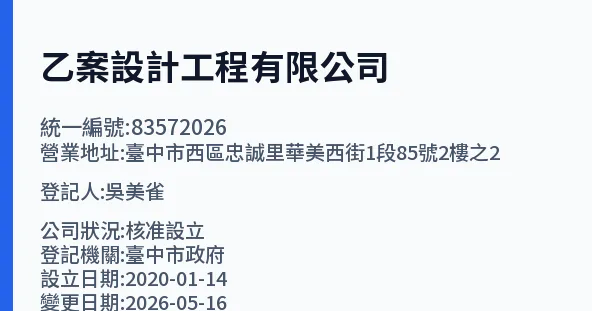 乙案設計工程有限公司的照片-統編 83572026(臺中市) 公司登記資料與營業項目詳細圖表