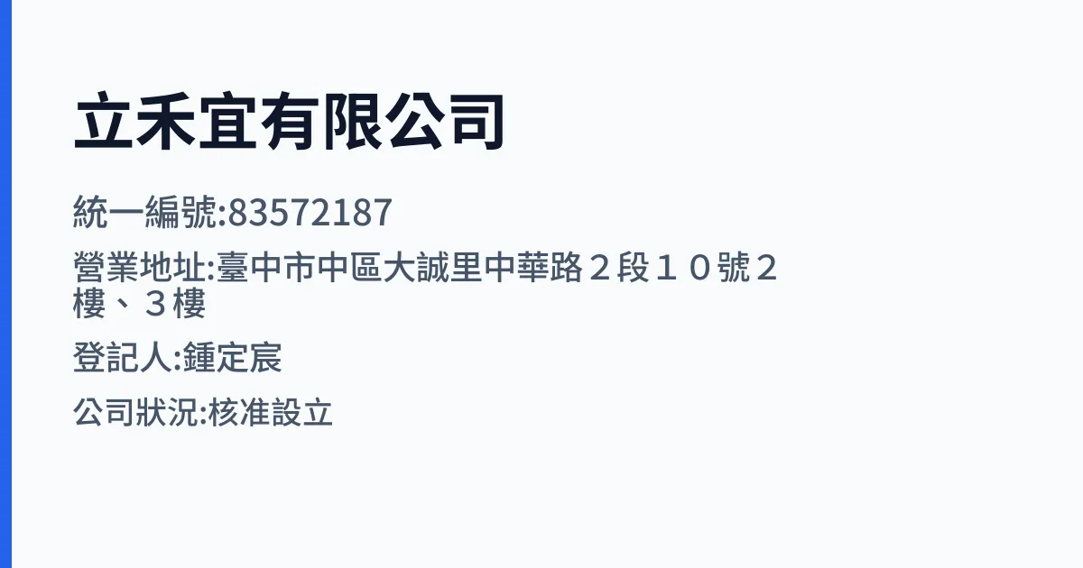 立禾宜有限公司 - 統編 83572187（臺中市） 公司登記資料與營業項目詳細圖表