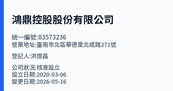 鴻鼎控股股份有限公司的照片-統編 83573236(臺南市) 公司登記資料與營業項目詳細圖表