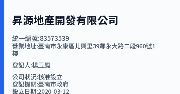 昇源地產開發有限公司的照片-統編 83573539(臺南市) 公司登記資料與營業項目詳細圖表