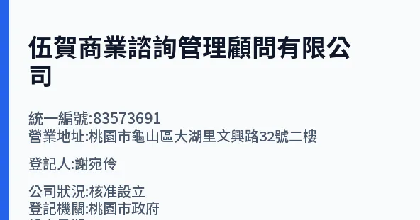 伍賀商業諮詢管理顧問有限公司的照片-統編 83573691(桃園市) 公司登記資料與營業項目詳細圖表