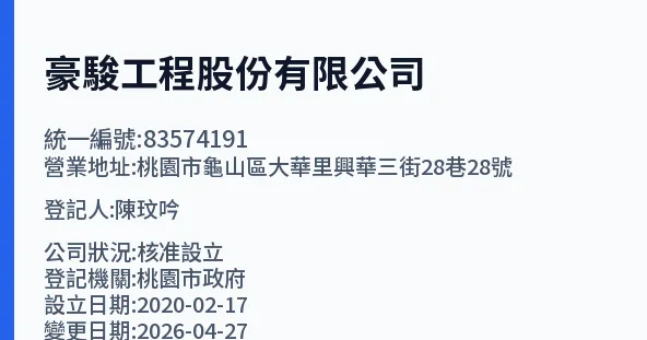 豪駿工程股份有限公司的照片-統編 83574191(桃園市) 公司登記資料與營業項目詳細圖表