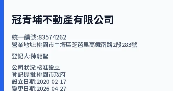 冠青埔不動產有限公司的照片-統編 83574262(桃園市) 公司登記資料與營業項目詳細圖表
