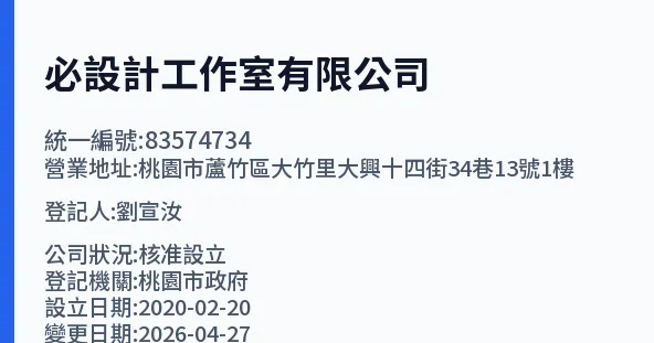 必設計工作室有限公司的照片-統編 83574734(桃園市) 公司登記資料與營業項目詳細圖表