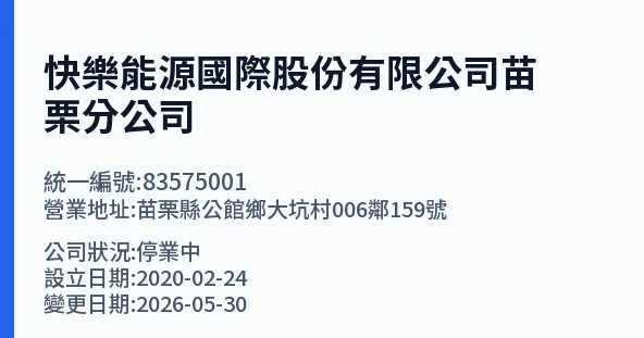 快樂能源國際股份有限公司苗栗分公司的照片-統編 83575001(苗栗縣) 公司登記資料與營業項目詳細圖表