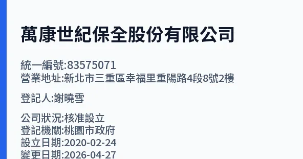 萬康世紀保全股份有限公司的照片-統編 83575071(新北市) 公司登記資料與營業項目詳細圖表