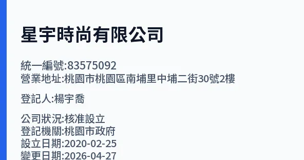 星宇時尚有限公司的照片-統編 83575092(桃園市) 公司登記資料與營業項目詳細圖表