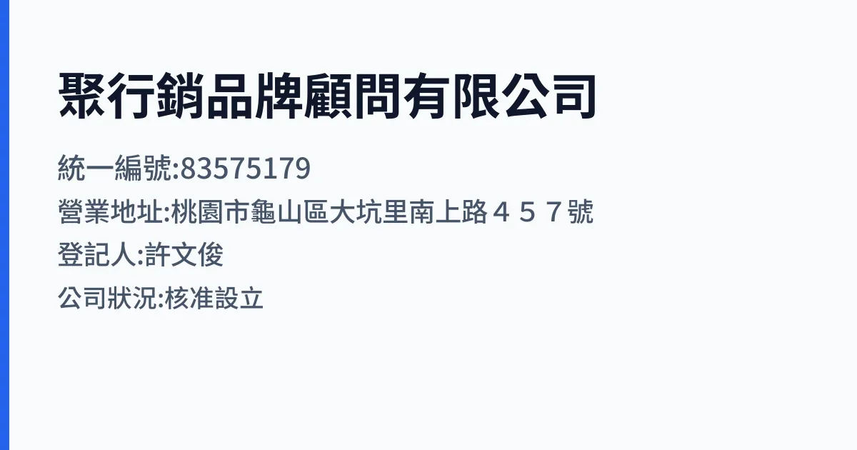 聚行銷品牌顧問有限公司 - 統編 83575179(桃園市) 公司登記資料與營業項目詳細圖表