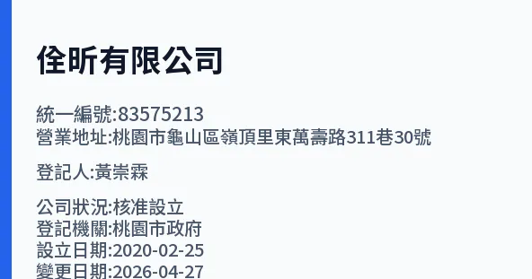 佺昕有限公司的照片-統編 83575213(桃園市) 公司登記資料與營業項目詳細圖表