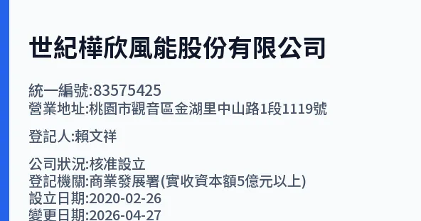 世紀樺欣風能股份有限公司的照片-統編 83575425(桃園市) 公司登記資料與營業項目詳細圖表