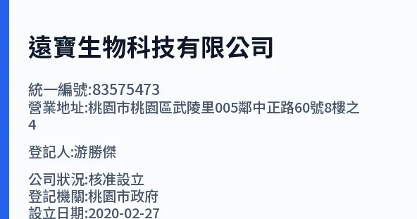 遠寶生物科技有限公司的照片-統編 83575473(桃園市) 公司登記資料與營業項目詳細圖表