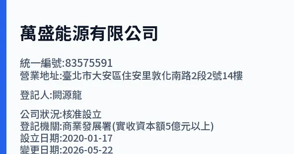 萬盛能源有限公司的照片-統編 83575591(臺北市) 公司登記資料與營業項目詳細圖表