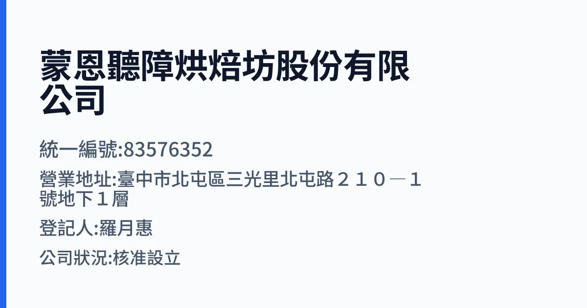 蒙恩聽障烘焙坊股份有限公司 - 統編 83576352(臺中市) 公司登記資料與營業項目詳細圖表