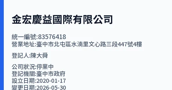 金宏慶益國際有限公司的照片-統編 83576418(臺中市) 公司登記資料與營業項目詳細圖表