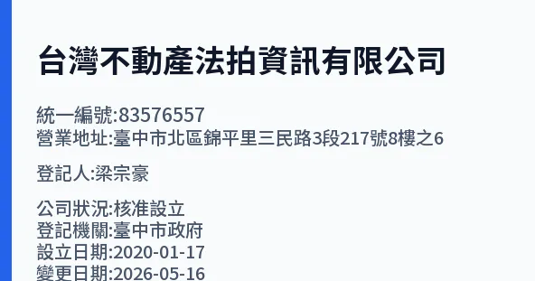 台灣不動產法拍資訊有限公司的照片-統編 83576557(臺中市) 公司登記資料與營業項目詳細圖表
