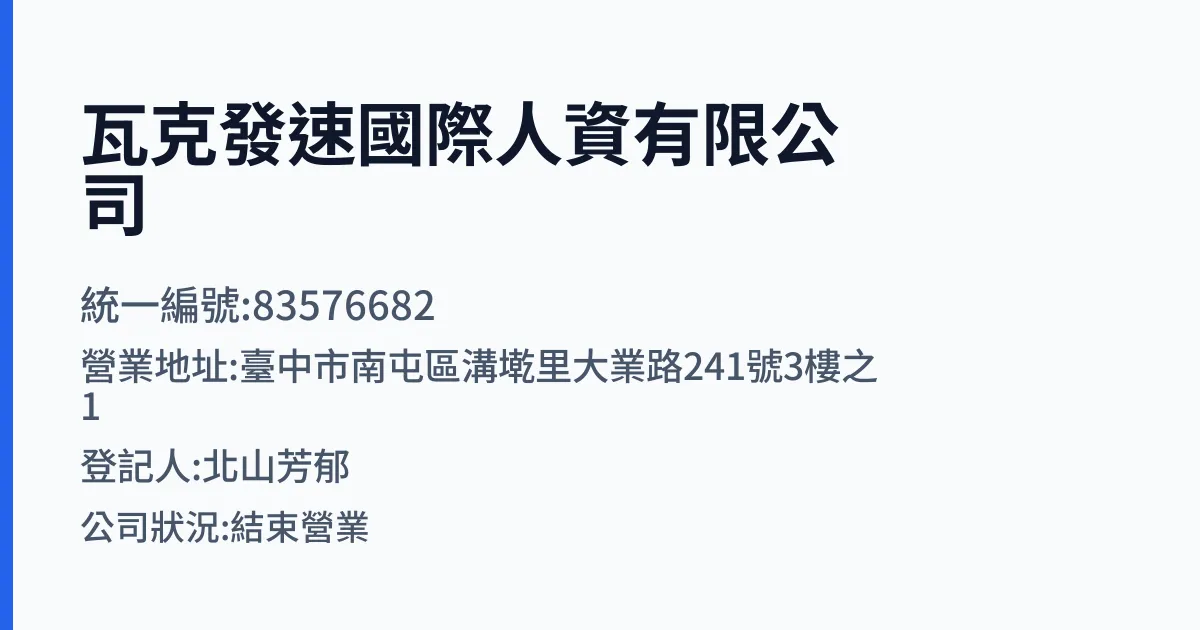 瓦克發速國際人資有限公司 - 統編 83576682(臺中市) 公司登記資料與營業項目詳細圖表