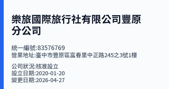 樂旅國際旅行社有限公司豐原分公司的照片-統編 83576769(臺中市) 公司登記資料與營業項目詳細圖表