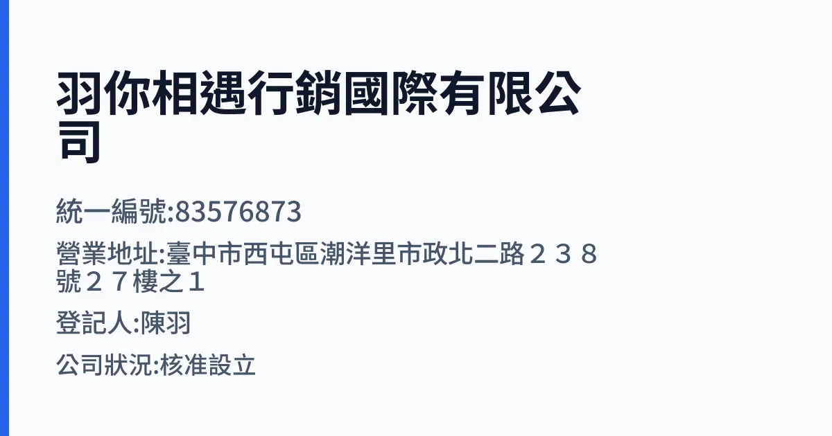 羽你相遇行銷國際有限公司 - 統編 83576873(臺中市) 公司登記資料與營業項目詳細圖表