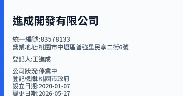 進成開發有限公司的照片-統編 83578133(桃園市) 公司登記資料與營業項目詳細圖表