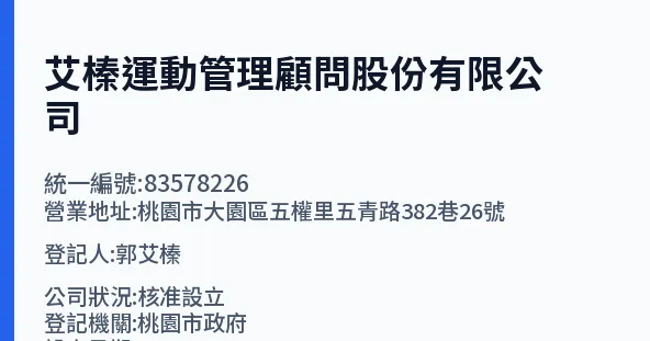 艾榛運動管理顧問股份有限公司的照片-統編 83578226(桃園市) 公司登記資料與營業項目詳細圖表