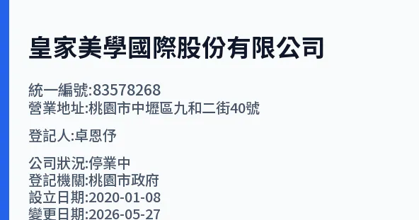 皇家美學國際股份有限公司的照片-統編 83578268(桃園市) 公司登記資料與營業項目詳細圖表