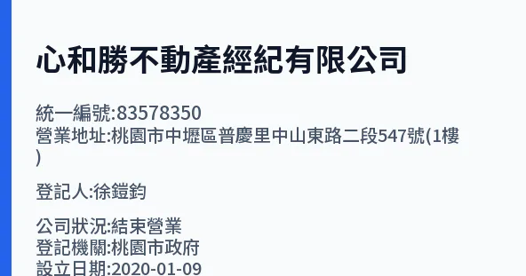 心和勝不動產經紀有限公司的照片-統編 83578350(桃園市) 公司登記資料與營業項目詳細圖表