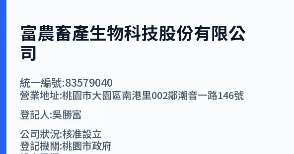 富農畜產生物科技股份有限公司的照片-統編 83579040(桃園市) 公司登記資料與營業項目詳細圖表