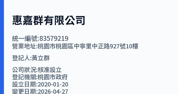 惠嘉群有限公司的照片-統編 83579219(桃園市) 公司登記資料與營業項目詳細圖表