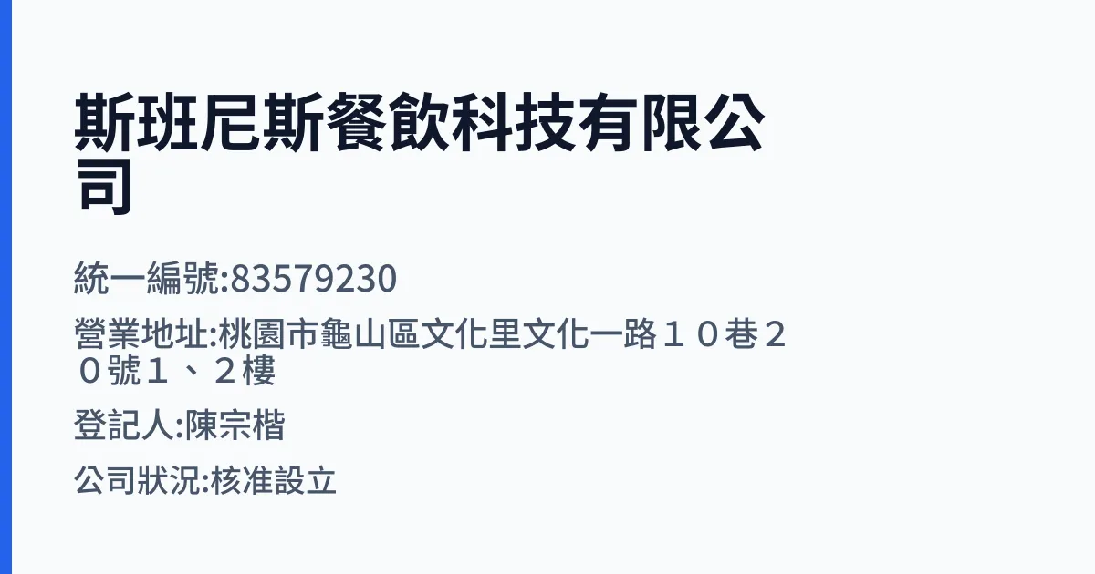 斯班尼斯餐飲科技有限公司 - 統編 83579230(桃園市) 公司登記資料與營業項目詳細圖表