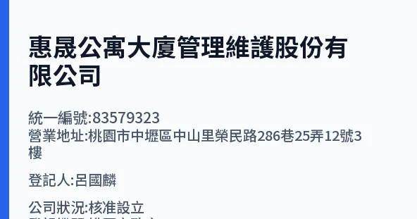 惠晟公寓大廈管理維護股份有限公司的照片-統編 83579323(桃園市) 公司登記資料與營業項目詳細圖表