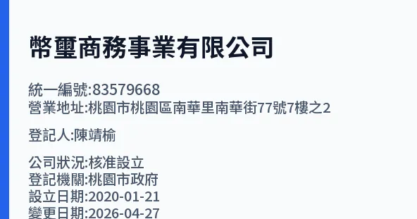 幣璽商務事業有限公司的照片-統編 83579668(桃園市) 公司登記資料與營業項目詳細圖表