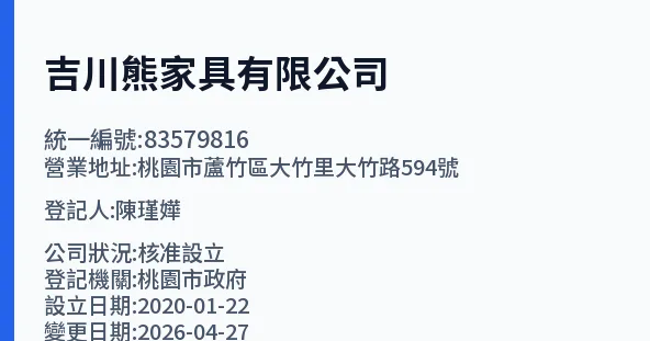 吉川熊家具有限公司的照片-統編 83579816(桃園市) 公司登記資料與營業項目詳細圖表