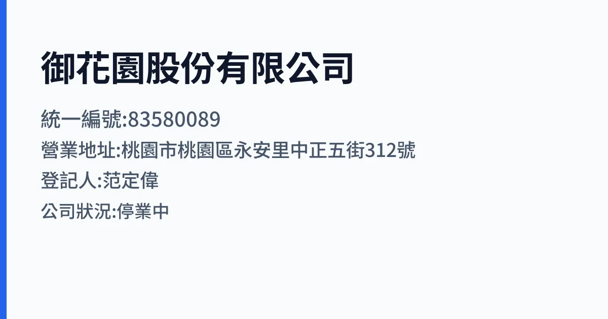 御花園股份有限公司 - 統編 83580089(桃園市) 公司登記資料與營業項目詳細圖表
