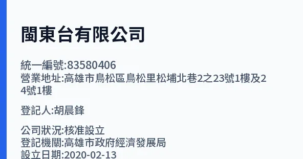 閩東台有限公司的照片-統編 83580406(高雄市) 公司登記資料與營業項目詳細圖表