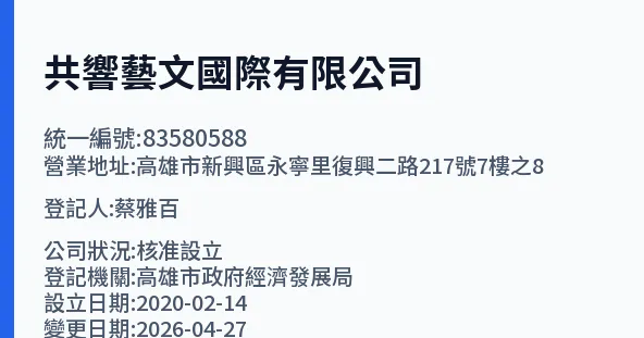 共響藝文國際有限公司的照片-統編 83580588(高雄市) 公司登記資料與營業項目詳細圖表