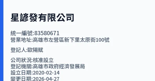 星諺發有限公司的照片-統編 83580671(高雄市) 公司登記資料與營業項目詳細圖表