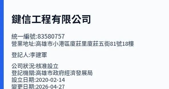鍵信工程有限公司的照片-統編 83580757(高雄市) 公司登記資料與營業項目詳細圖表