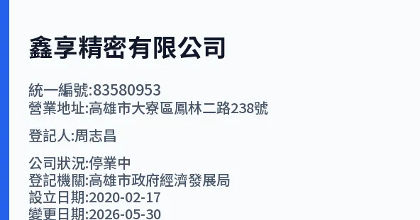 鑫享精密有限公司的照片-統編 83580953(高雄市) 公司登記資料與營業項目詳細圖表