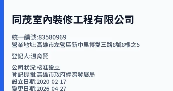 同茂室內裝修工程有限公司的照片-統編 83580969(高雄市) 公司登記資料與營業項目詳細圖表
