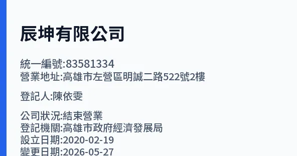 辰坤有限公司的照片-統編 83581334(高雄市) 公司登記資料與營業項目詳細圖表