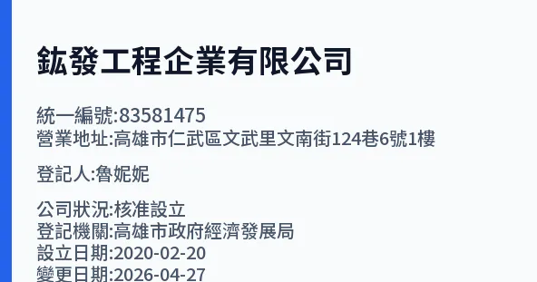 鈜發工程企業有限公司的照片-統編 83581475(高雄市) 公司登記資料與營業項目詳細圖表