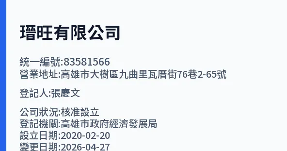瑨旺有限公司的照片-統編 83581566(高雄市) 公司登記資料與營業項目詳細圖表