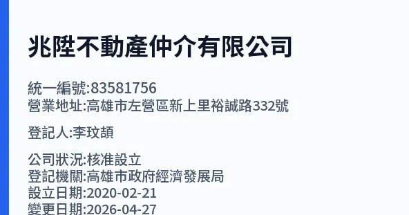 兆陞不動產仲介有限公司的照片-統編 83581756(高雄市) 公司登記資料與營業項目詳細圖表