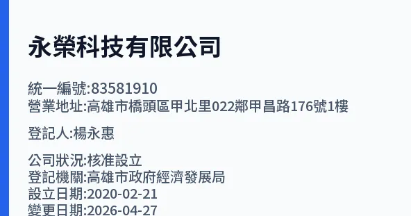 永榮科技有限公司的照片-統編 83581910(高雄市) 公司登記資料與營業項目詳細圖表