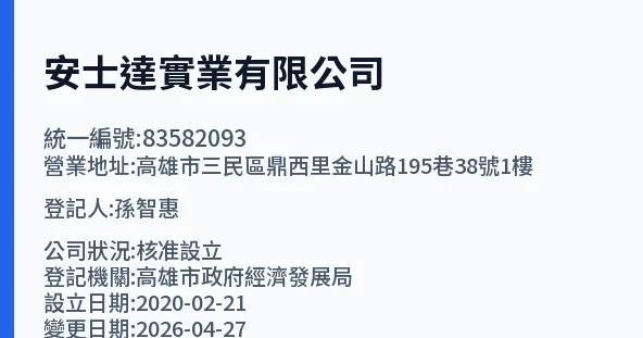 安士達實業有限公司的照片-統編 83582093(高雄市) 公司登記資料與營業項目詳細圖表
