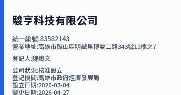 駿亨科技有限公司的照片-統編 83582143(高雄市) 公司登記資料與營業項目詳細圖表