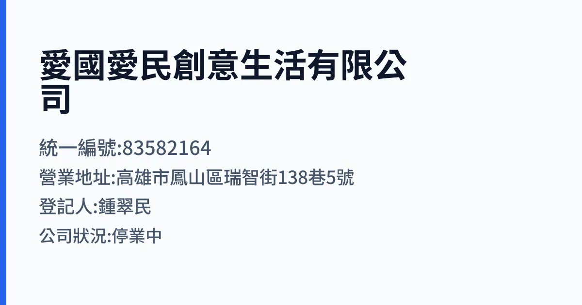 愛國愛民創意生活有限公司 - 統編 83582164(高雄市) 公司登記資料與營業項目詳細圖表