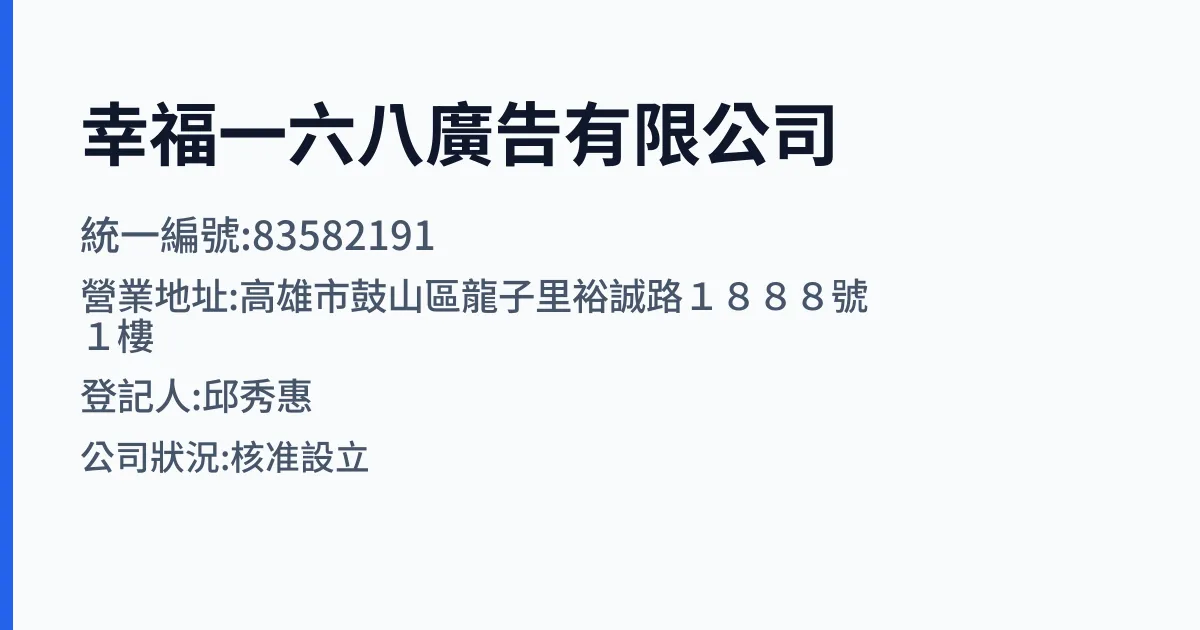 幸福一六八廣告有限公司 - 統編 83582191(高雄市) 公司登記資料與營業項目詳細圖表