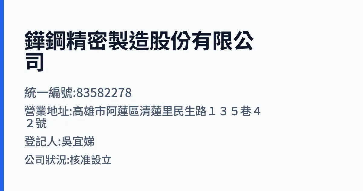 鏵鋼精密製造股份有限公司 - 統編 83582278(高雄市) 公司登記資料與營業項目詳細圖表