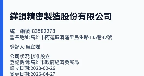 鏵鋼精密製造股份有限公司的照片-統編 83582278(高雄市) 公司登記資料與營業項目詳細圖表